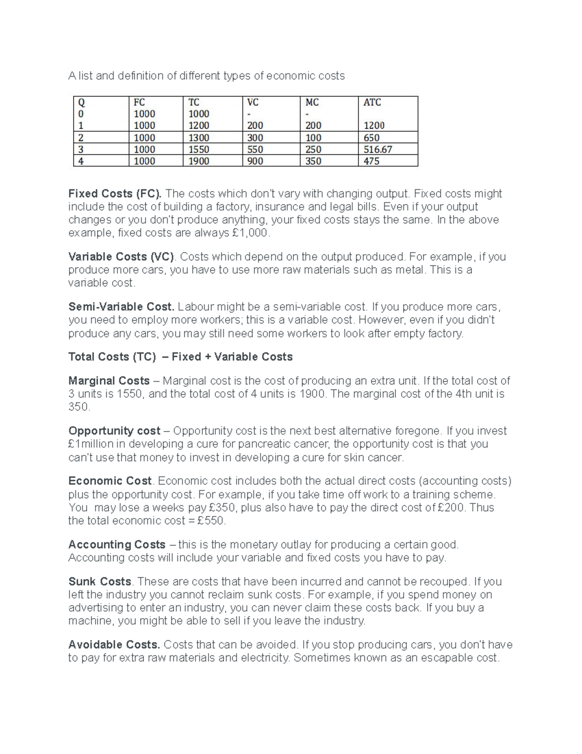A list and definition of different types of economic costs - The costs ...