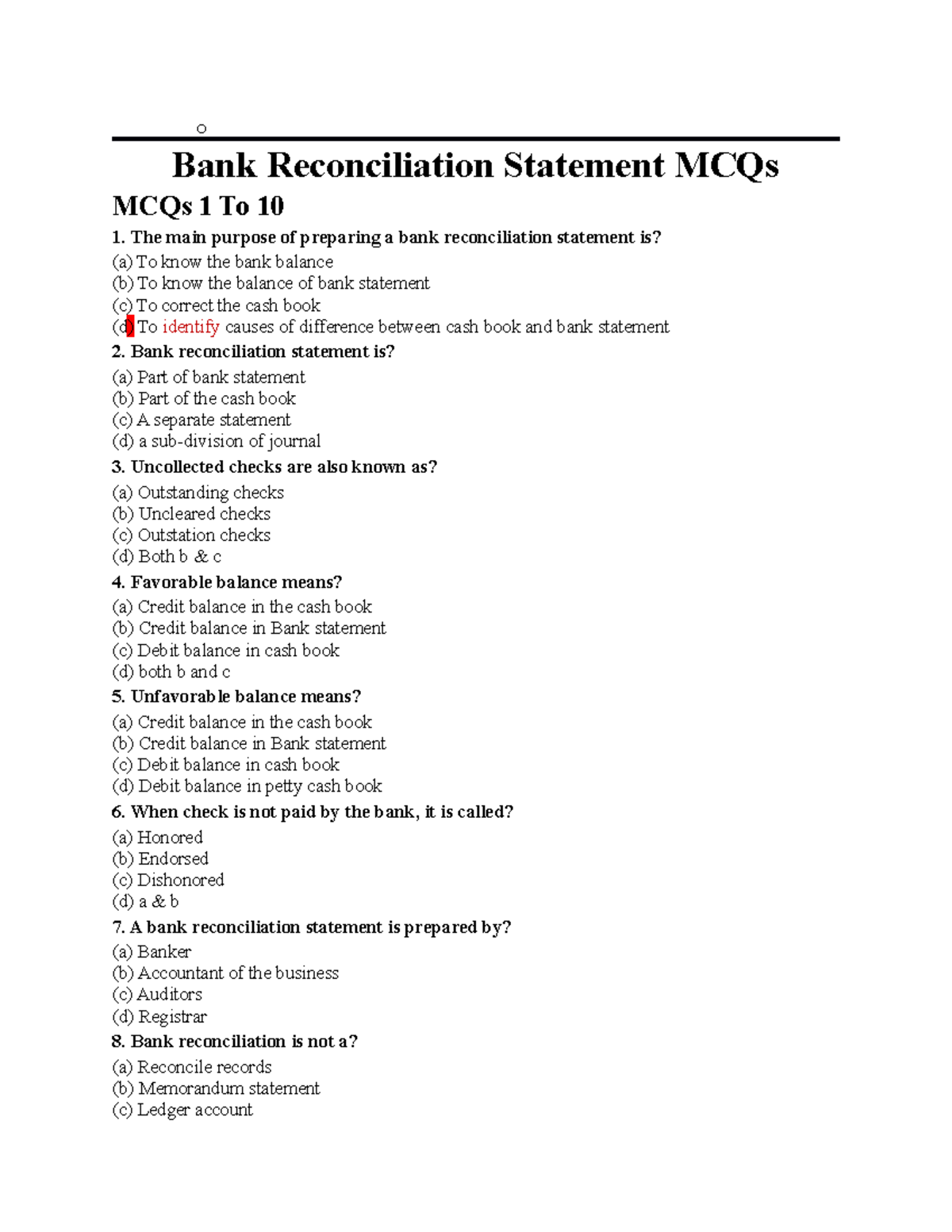 Bank Reconciliation Statement MCQs - The main purpose of preparing a ...