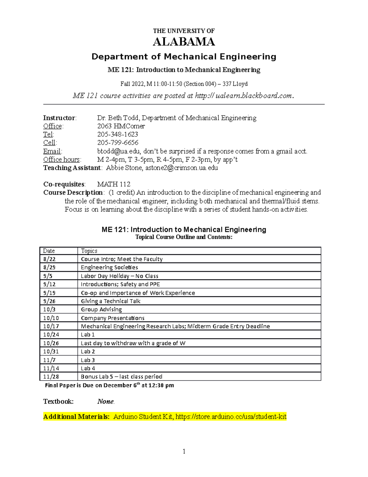 ME 121-Syllabus-Fall22-004 - THE UNIVERSITY OF ALABAMA Department of ...