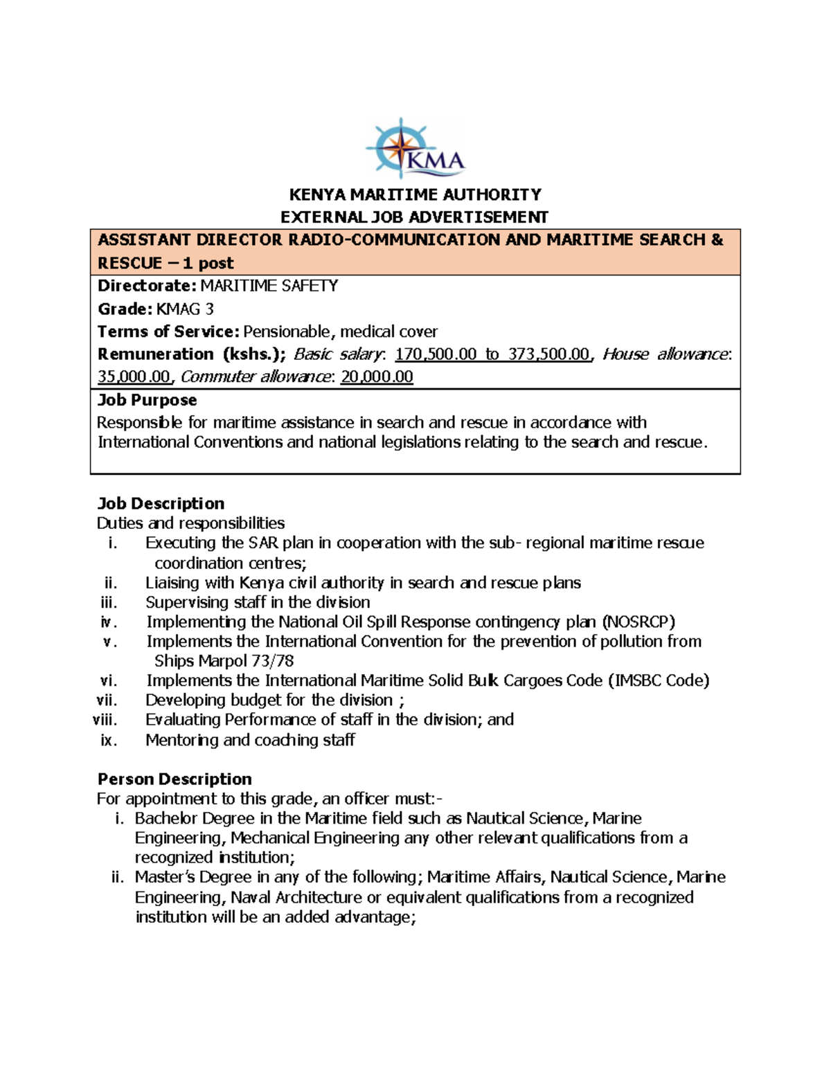 KMA JOB Adverts FEB 2024 - KENYA MARITIME AUTHORITY EXTERNAL JOB ...