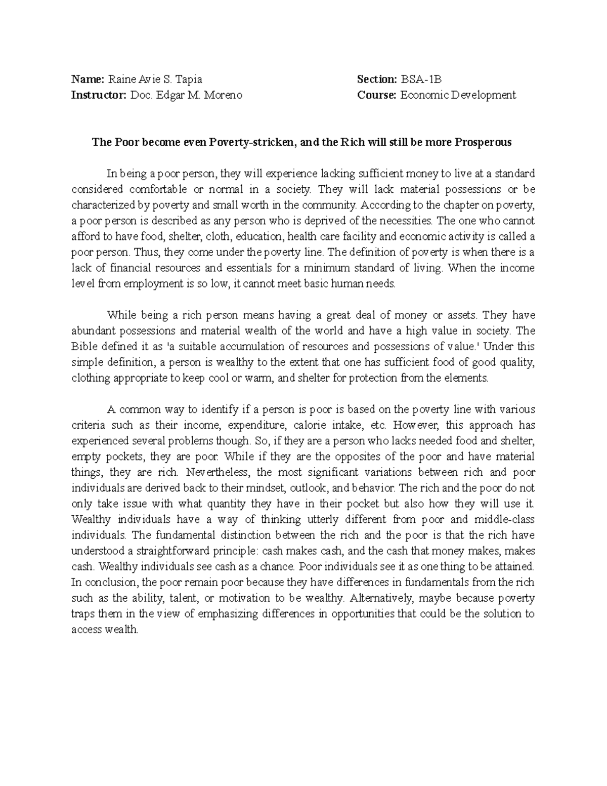 QUIZ Reflection 2-The poor become even poverty-stricken, and the rich ...