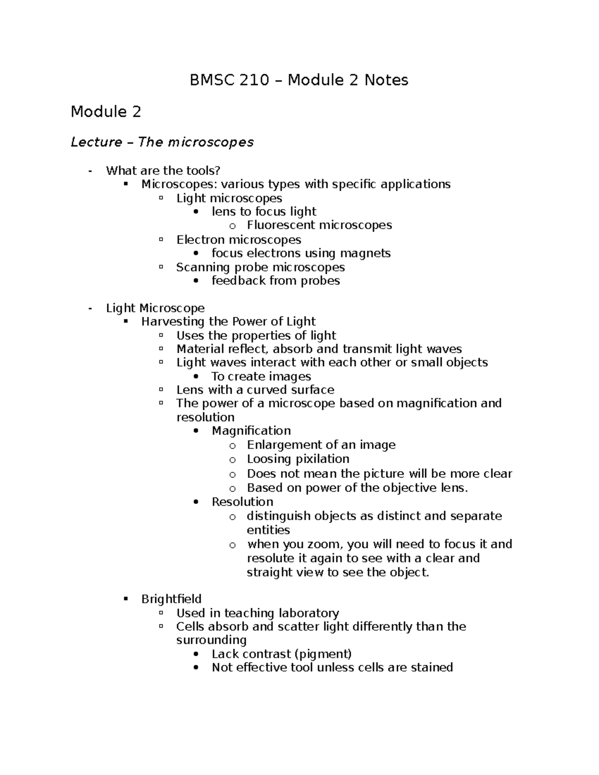 Module 2 - Notes - BMSC 210 – Module 2 Notes Module 2 Lecture – The ...