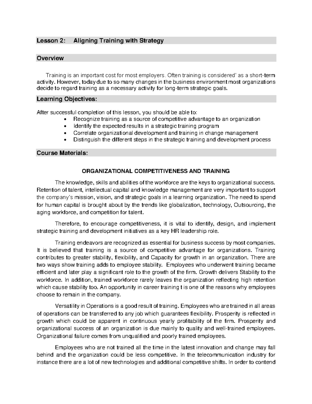 2nd HRMA 201 Training AND Development - Lesson 2 : Aligning Training ...