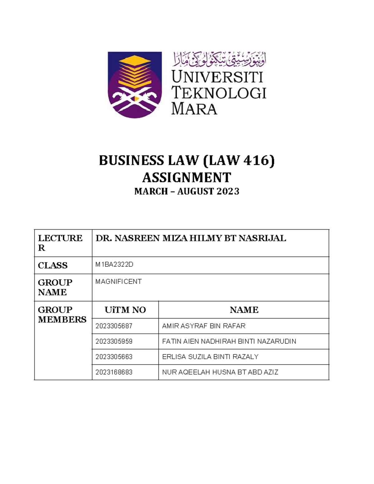 Business LAW (LAW 416) - law416 - BUSINESS LAW (LAW 416) ASSIGNMENT MARCH – AUGUST 2023 LECTURE ...