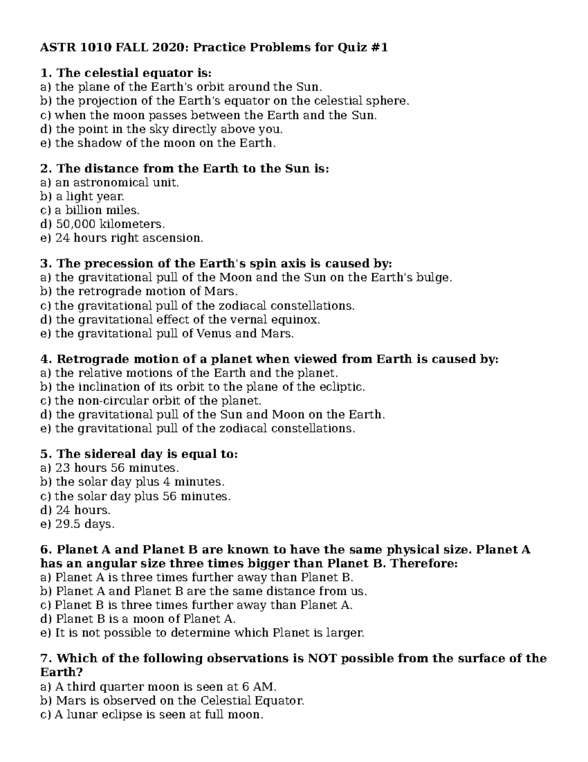 Practice quiz1 - ASTR 1010 FALL 2020: Practice Problems for Quiz # The ...