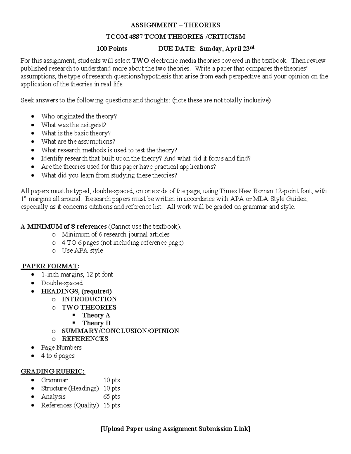 TCOM Theories Assignment - Sp23 - Dr Grubb - TCOM 4887 - YSU - Studocu