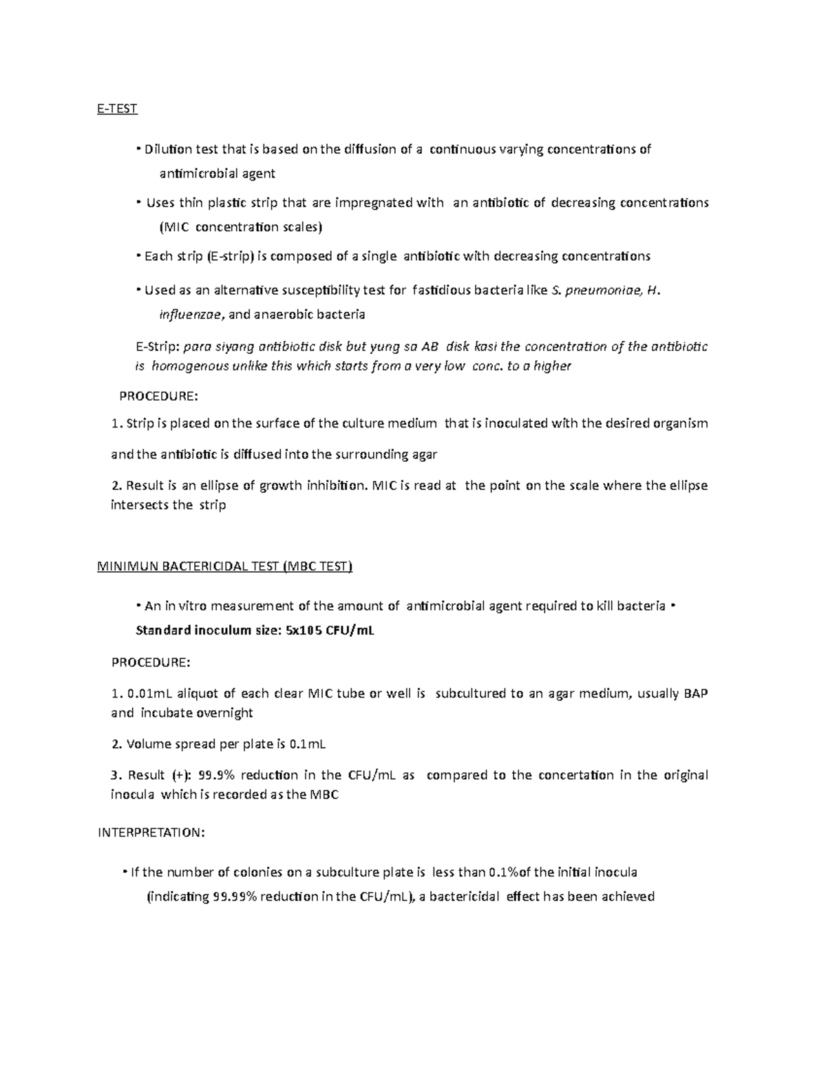 Test Procedure and Interpretation - E-TEST Dilution test that is based ...