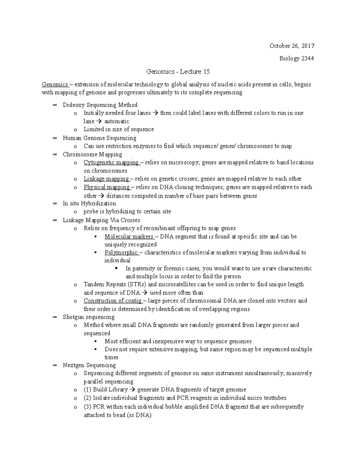 October 26 - Genomics - October 26, 2017 Biology 2344 Genomics ...