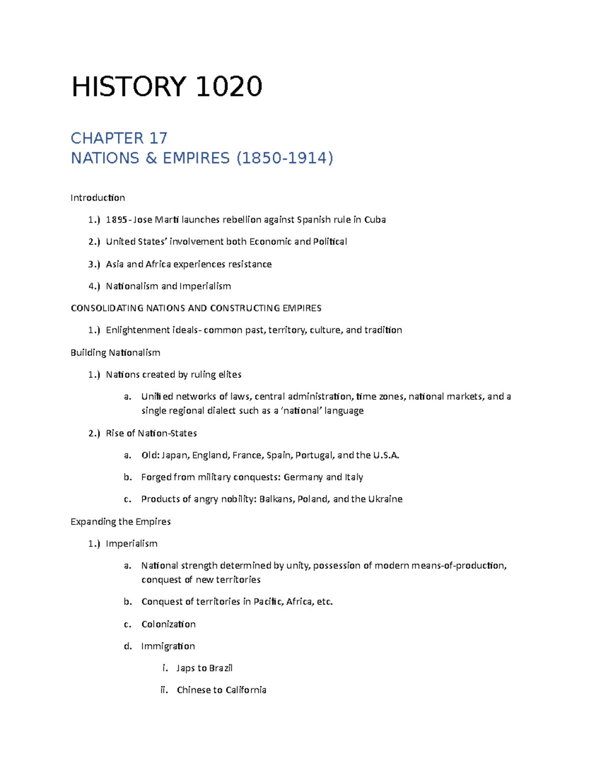 EXAM TWO Notes AND Material - HISTORY 1020 CHAPTER 17 NATIONS EMPIRES ...
