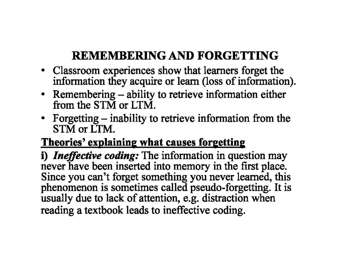 TDP201 Remembering AND Forgetting Lesson Notes 4 - REMEMBERING AND ...
