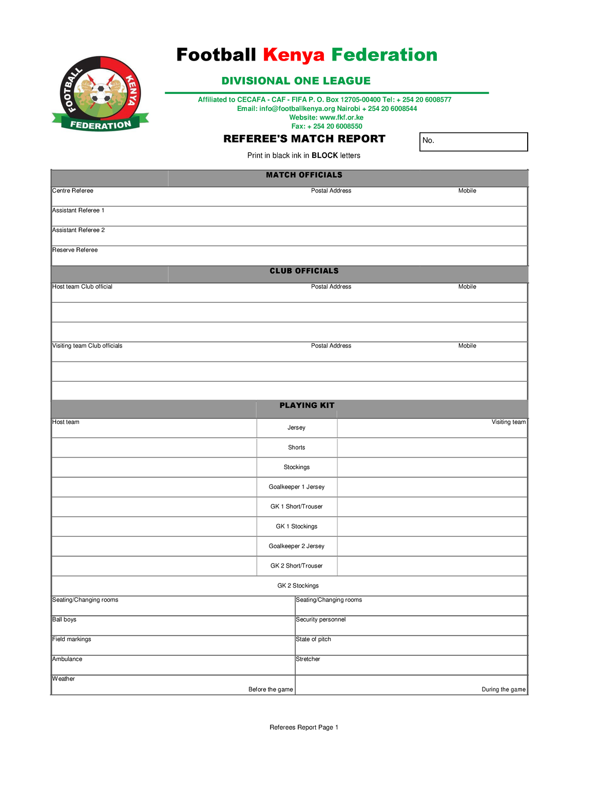 FKF DIV 1 Referee Match Form 2017 - Football Kenya Federation ...