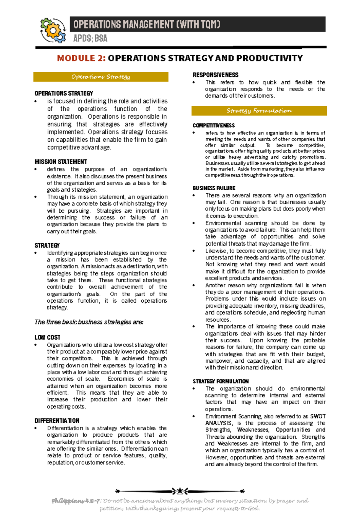 Opequal Notes Module-2 - OPERATIONS MANAGEMENT (WITH TQM) APDS; BSA ...