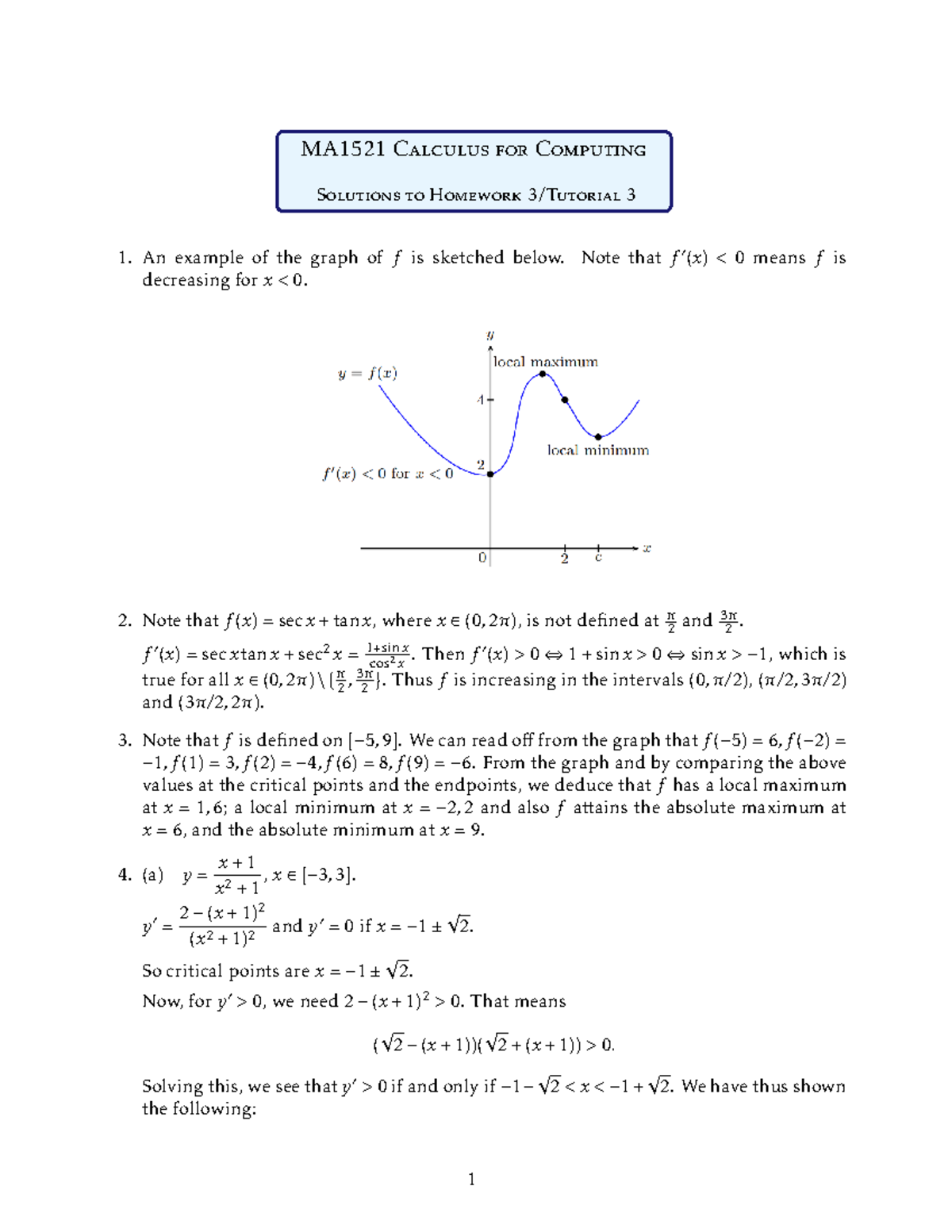 MA1521 Solution 3 - MA1521 Calculus for Computing Solutions to Homework 3/Tutorial 3 1. An ...