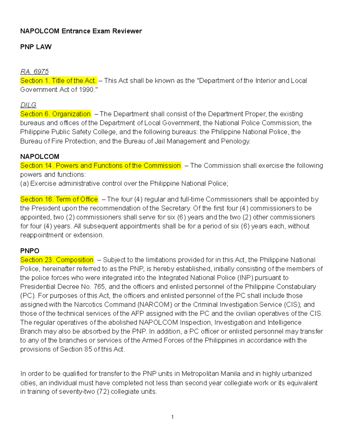 Napolcom Reviewer - NAPOLCOM Entrance Exam Reviewer PNP LAW RA. 6975 ...