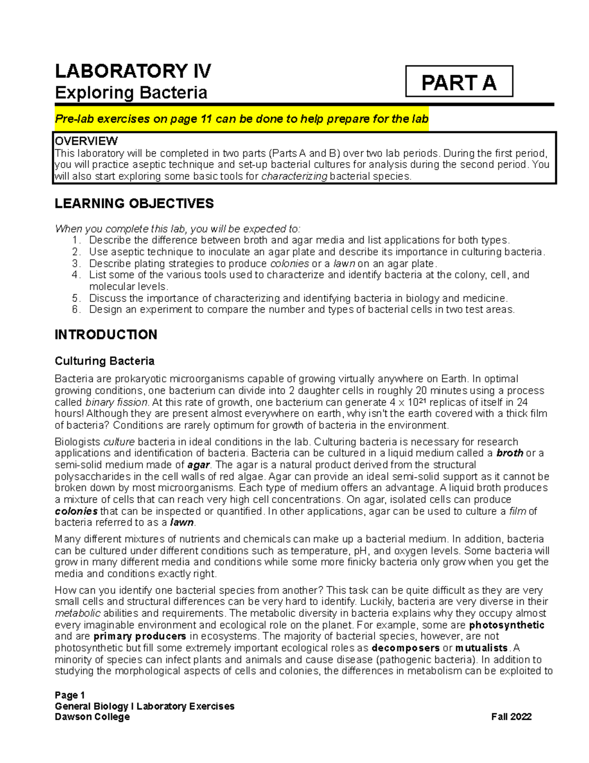 Lab 4 Bacteria Part A - Lab instruction - LABORATORY IV Exploring ...