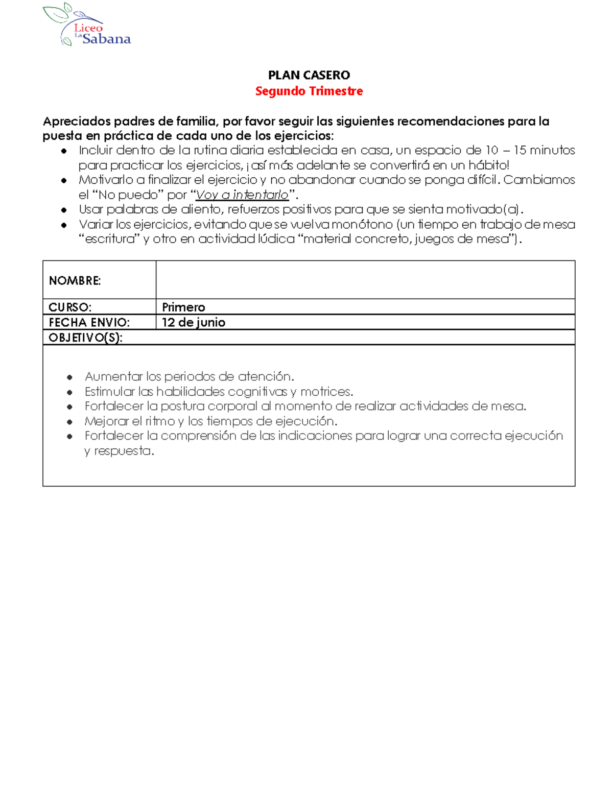 PLAN Casero 2T - PLAN CASERO Segundo Trimestre Apreciados padres de familia, por favor seguir ...