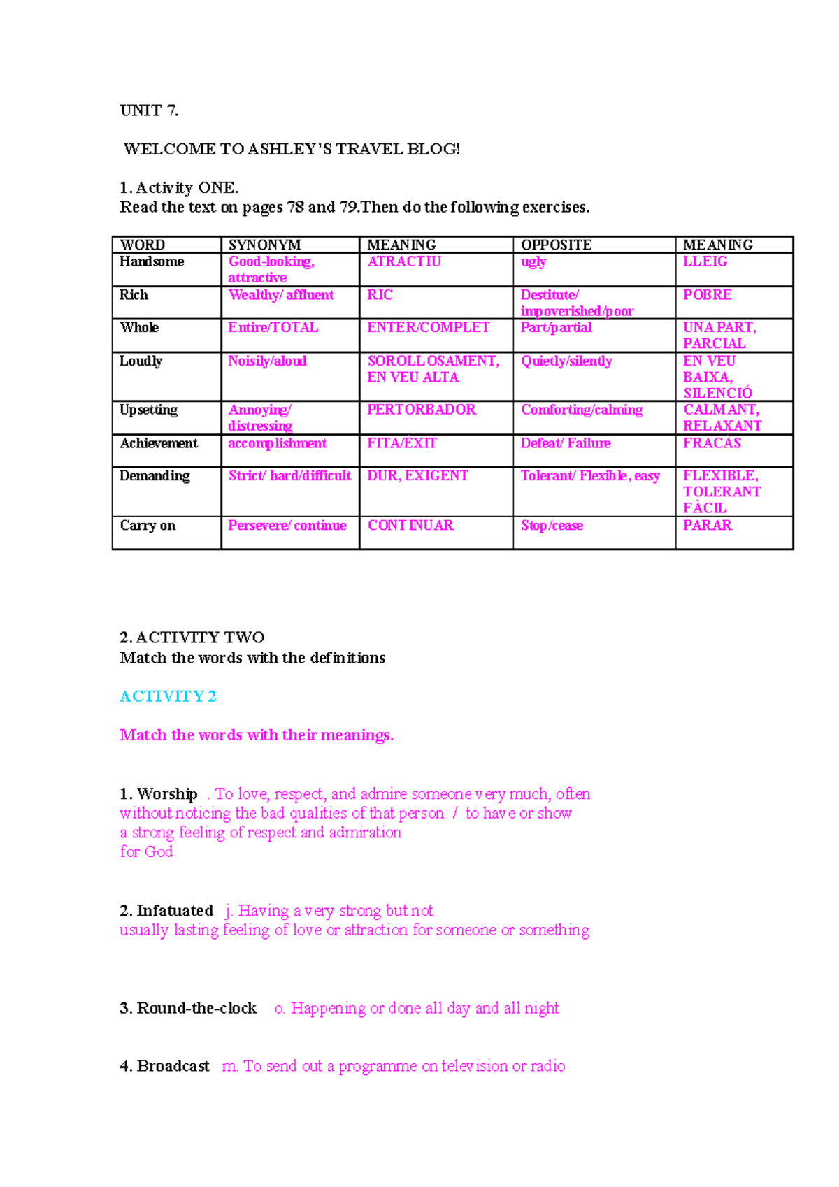 Vocabulary exercices .answer key unit 7 - UNIT 7. WELCOME TO ASHLEY’S ...