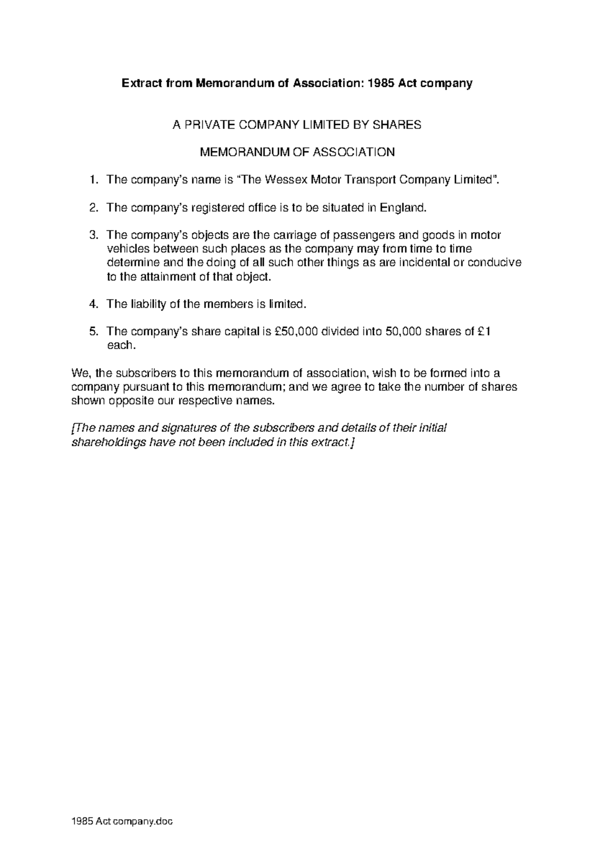 Extract from an Example Memorandum of Association of a 1985 Act Company ...