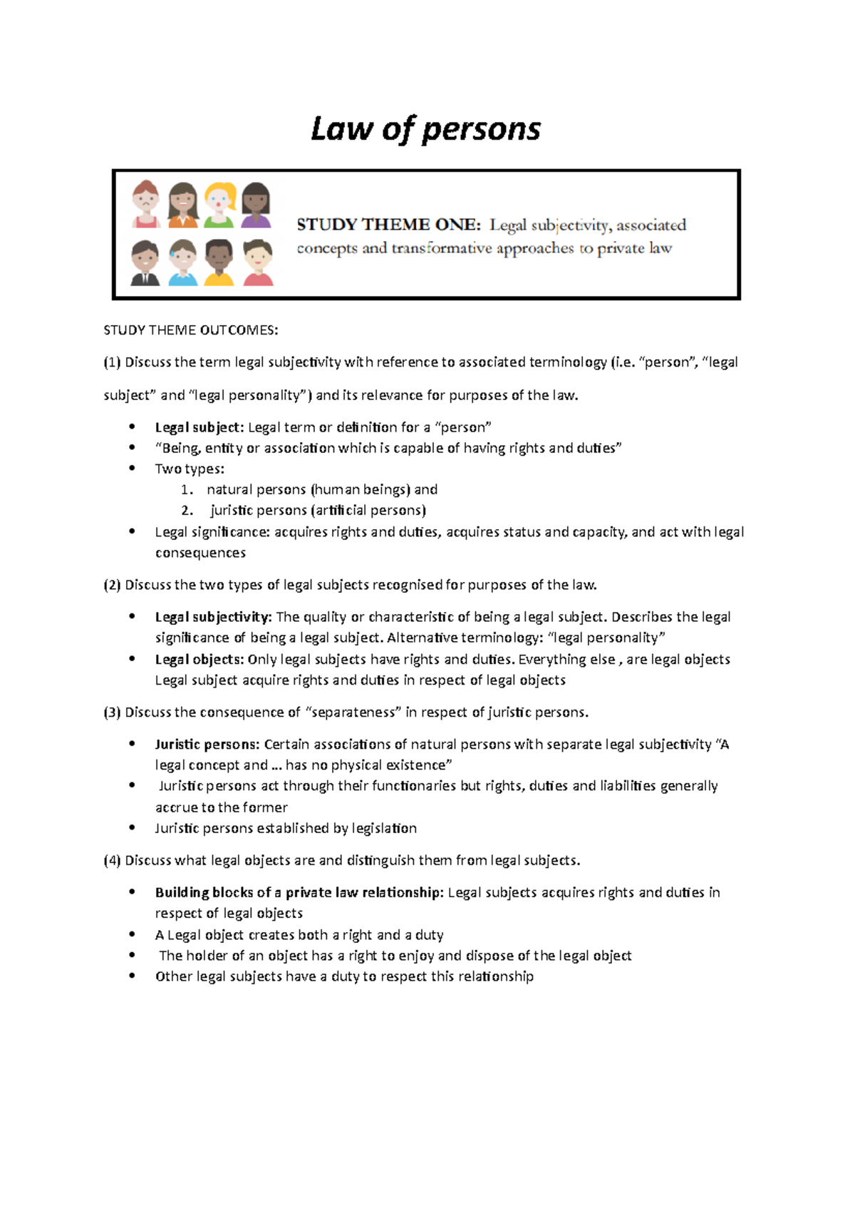 Law of persons - Notes - Law of persons STUDY THEME OUTCOMES: (1 ...