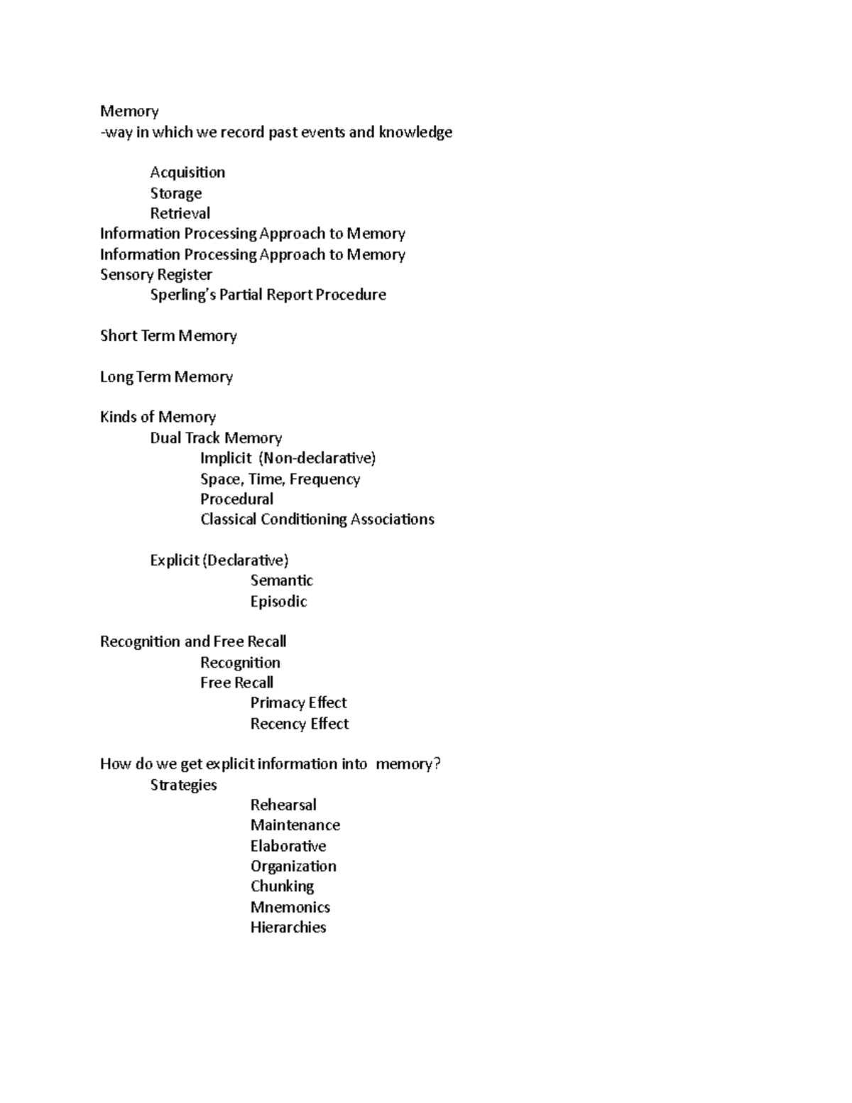 Memory outline - Note guide - Memory -way in which we record past ...