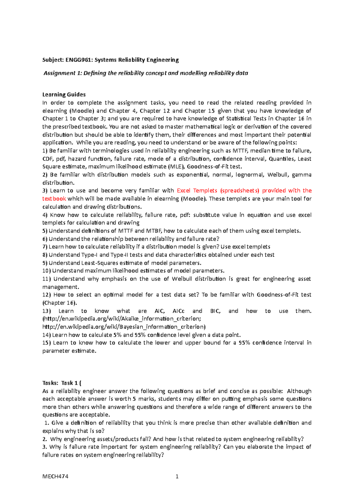 Assignment 1 MECH474 - 3edd - Subject: ENGG961: Systems Reliability ...