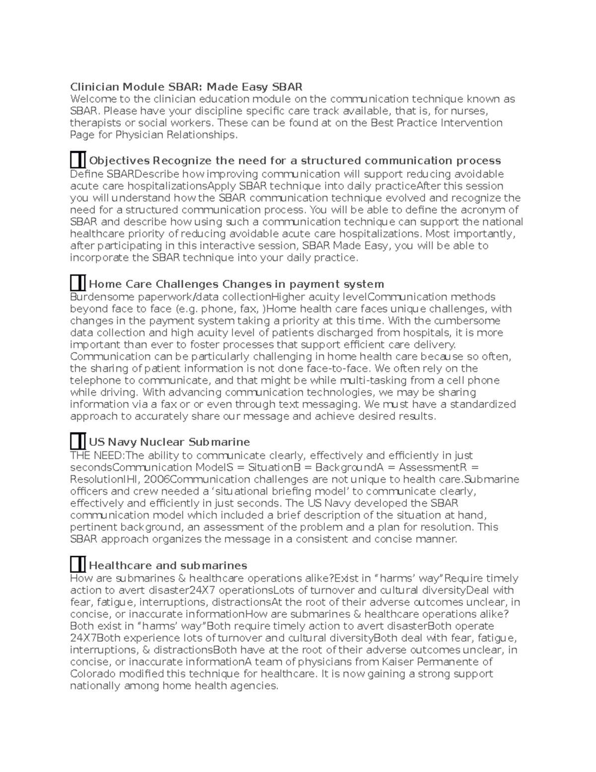 SBAR - SBAR - Clinician Module SBAR: Made Easy SBAR Welcome to the ...