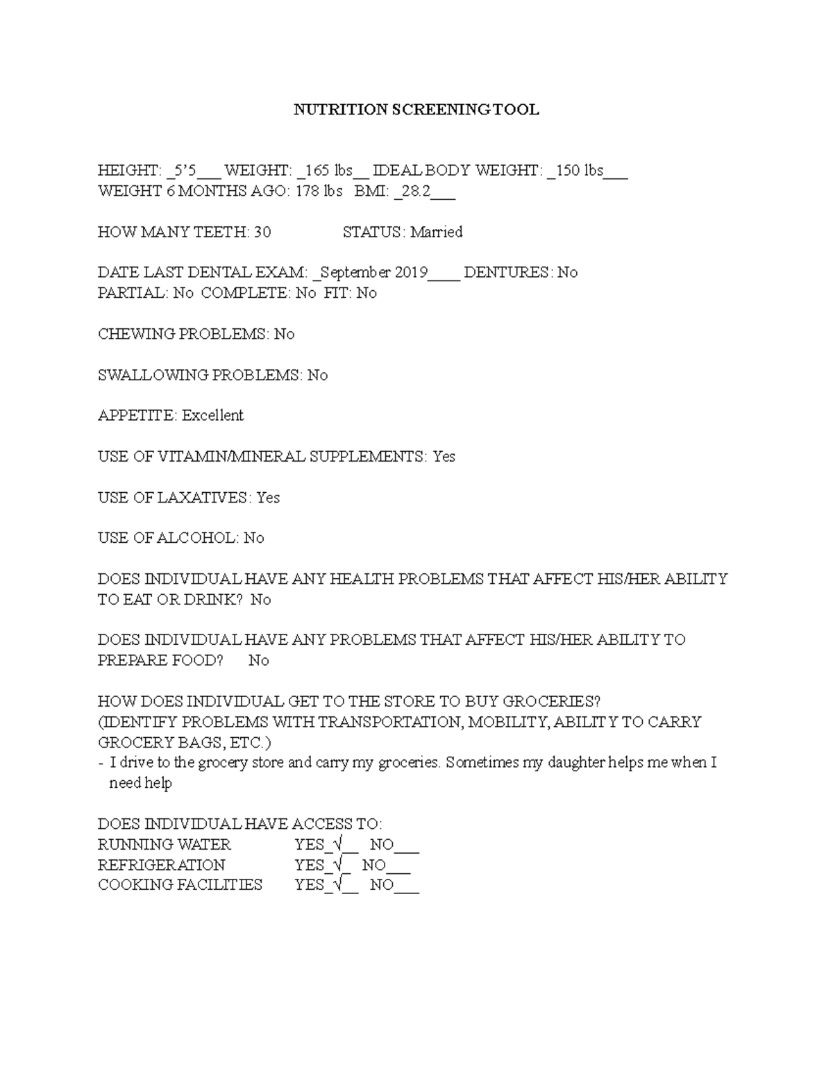 Nutrition Screening Tool - NUTRITION SCREENING TOOL HEIGHT: 5’5 ...