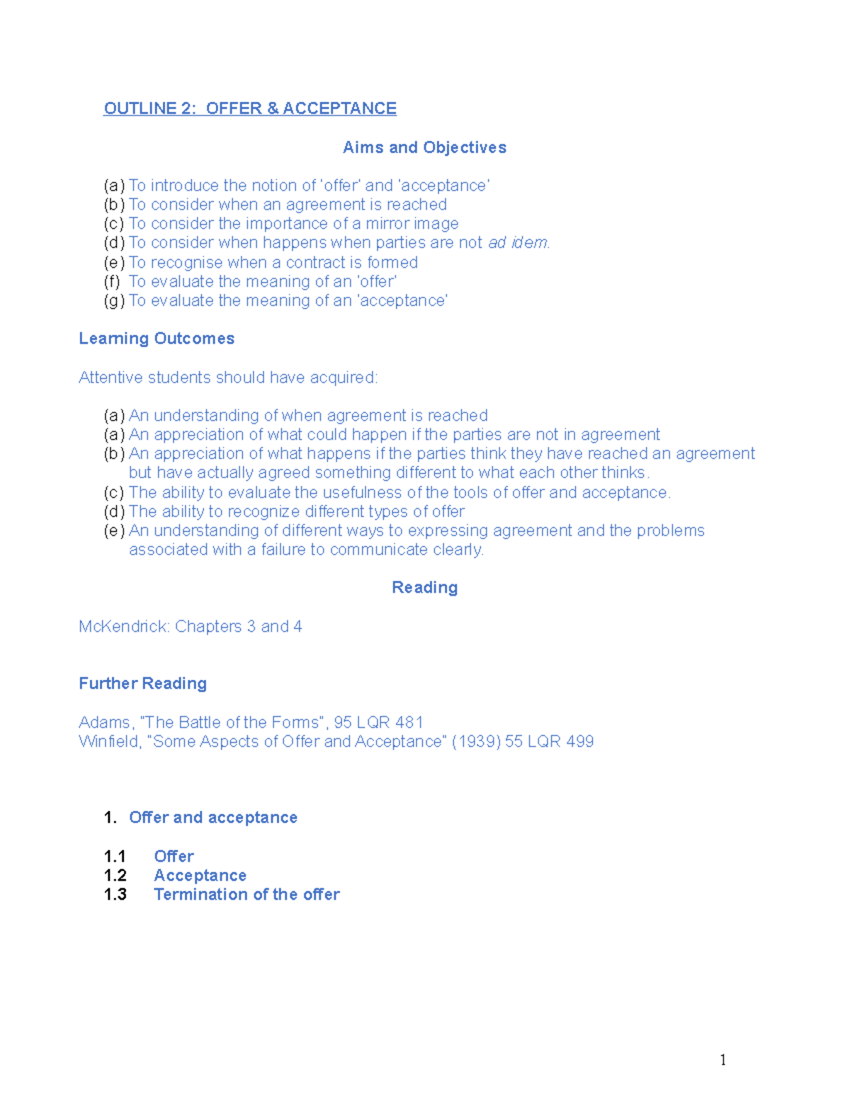 2 - Offer and Acceptance - OUTLINE 2: OFFER & ACCEPTANCE Aims and ...