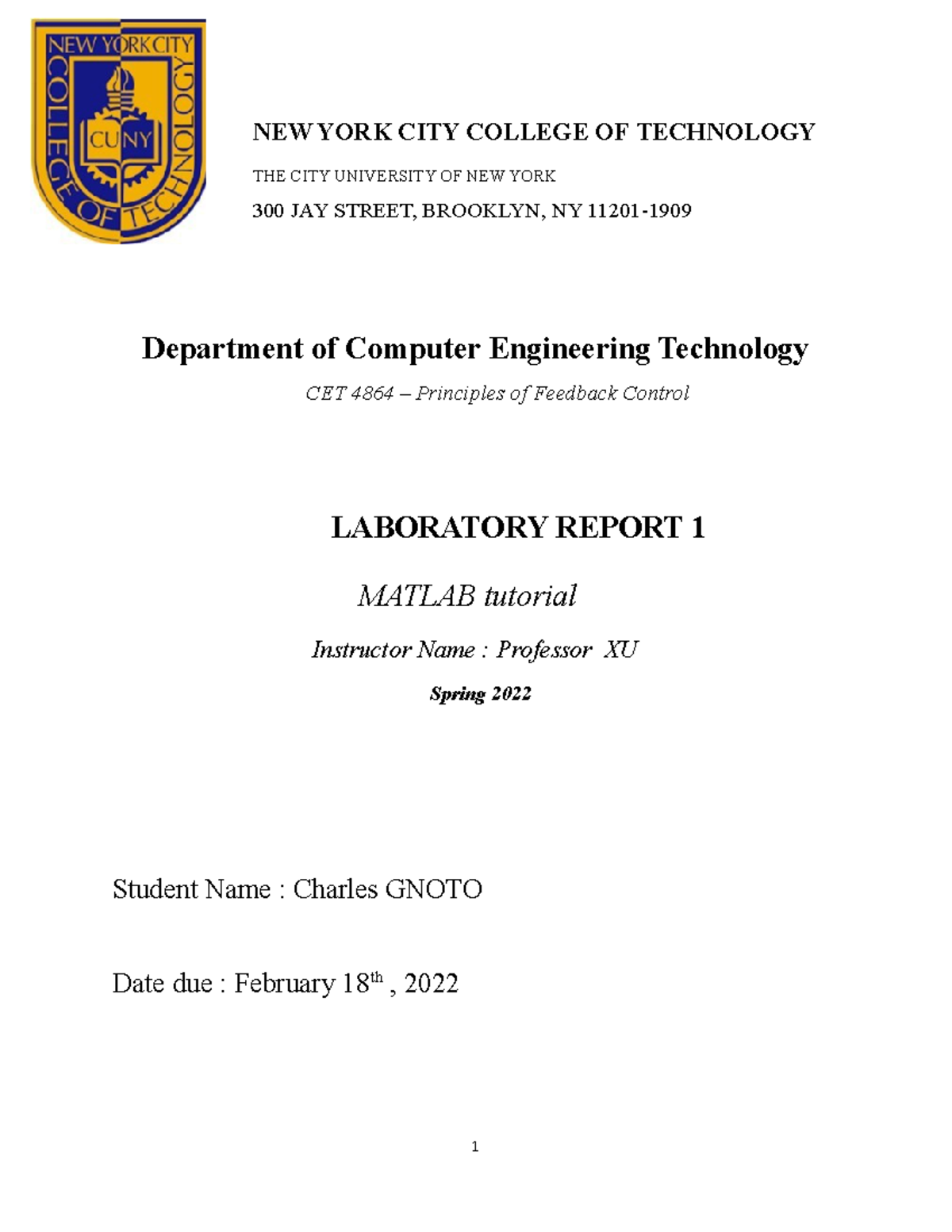 CET 4864 Lab 1 - MATLAB TUTORIAL - NEW YORK CITY COLLEGE OF TECHNOLOGY ...