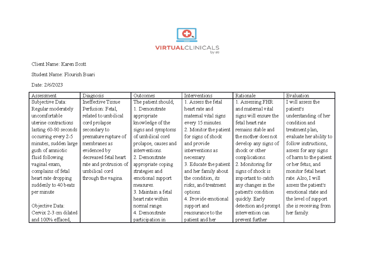 Karen Scott - Swift river ati care plan - Client Name: Karen Scott ...