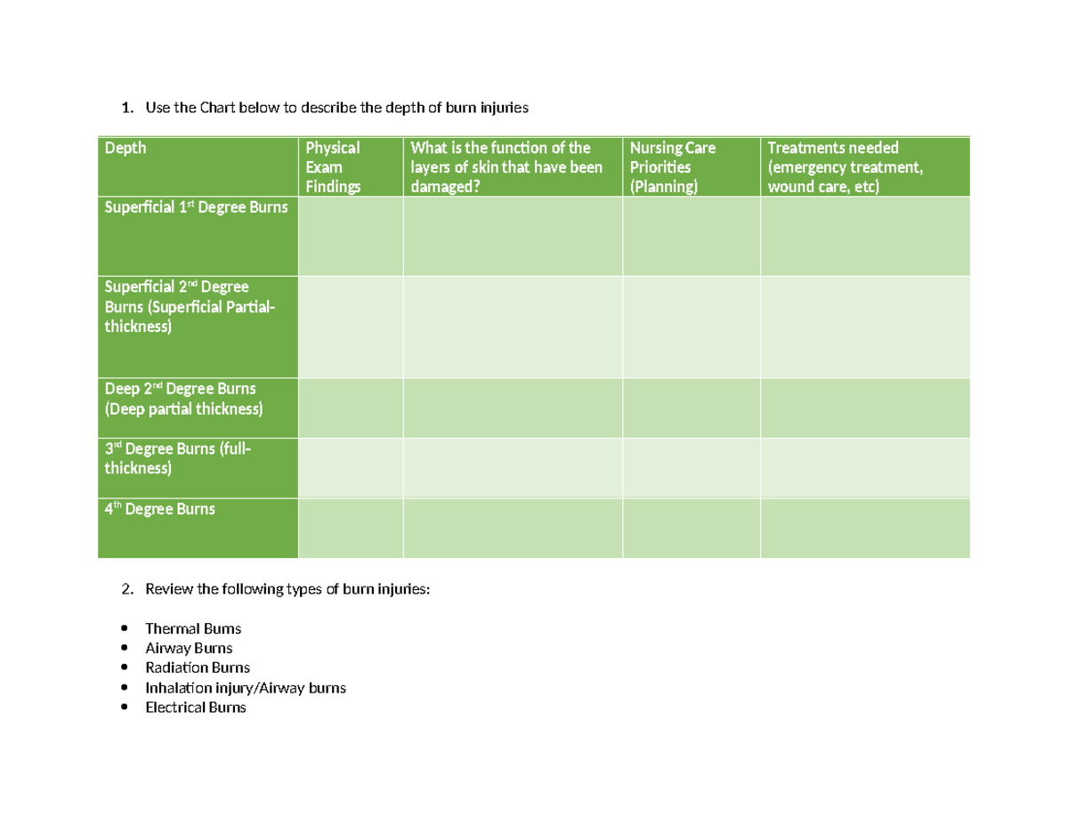 burns chart for studying - Use the Chart below to describe the depth of ...