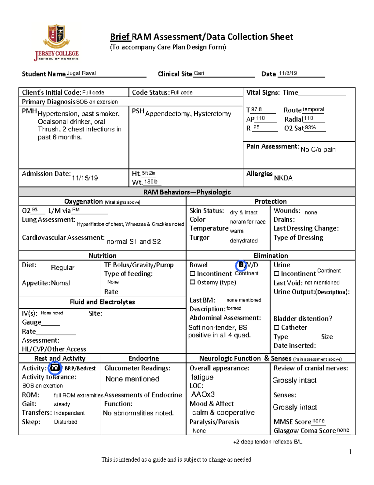 Respiratory case 1- innefective - 1 Brief RAM Assessment/Data ...
