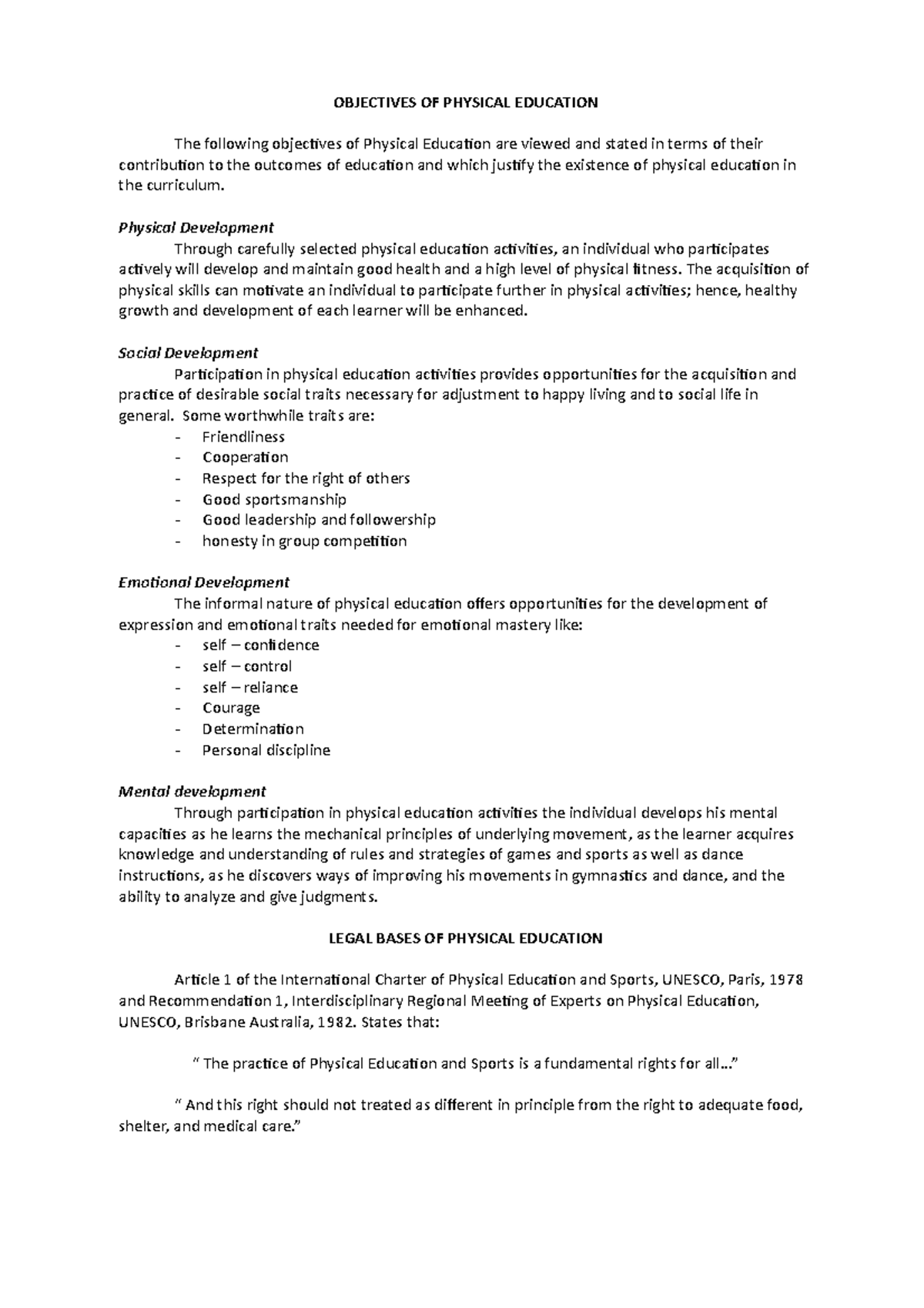 P. E. 1 Module - Summary of P.E. 1 Prelim lessons - OBJECTIVES OF PHYSICAL EDUCATION The ...