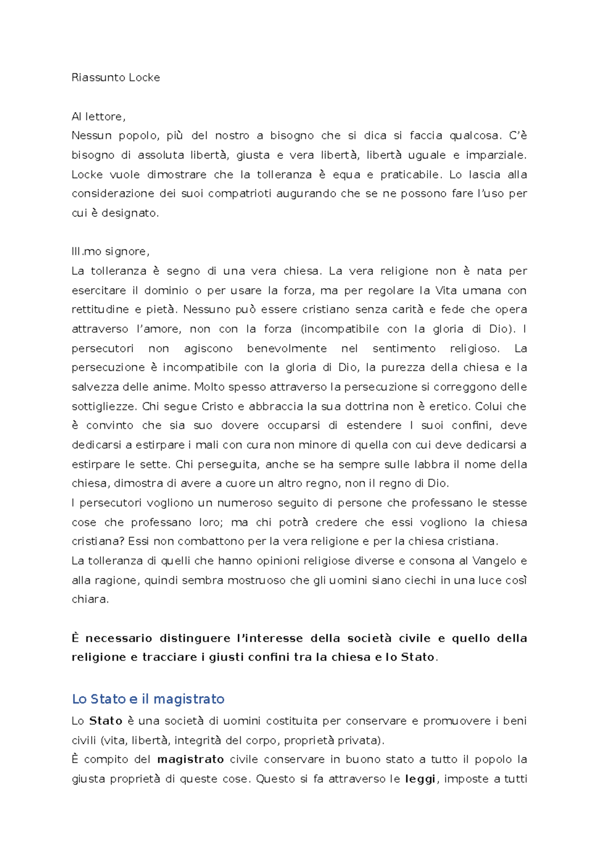 Riassunto della Lettera sulla tolleranza, Locke - Riassunto Locke Al ...