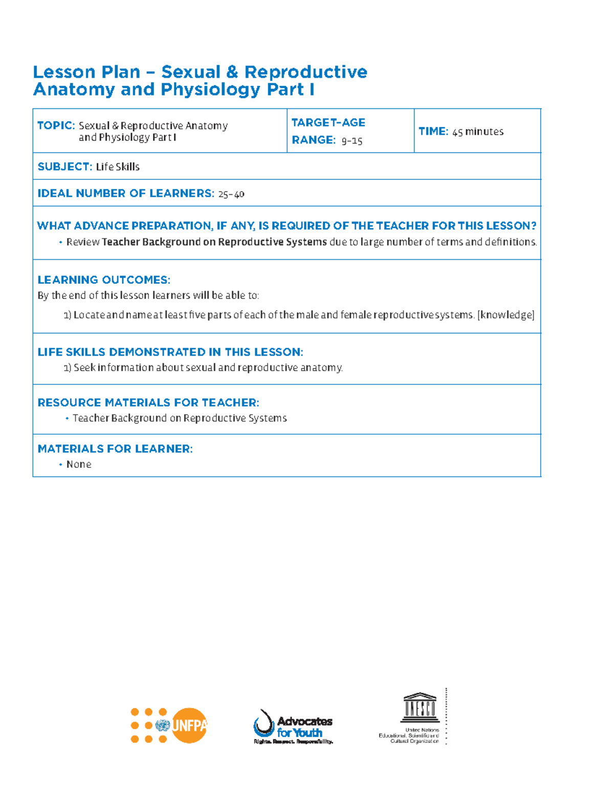Lesson plan anatomy and physiology part i and ii - Lesson Plan – Sexual ...