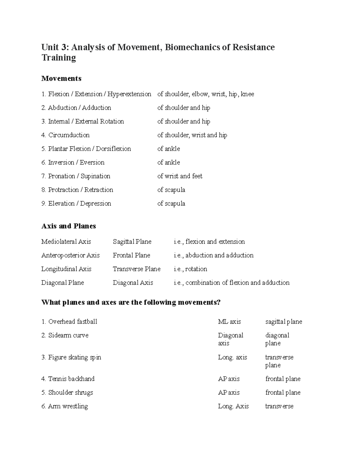 Unit 3- Analysis of Movement, Biomechanics of Resistance Training ...