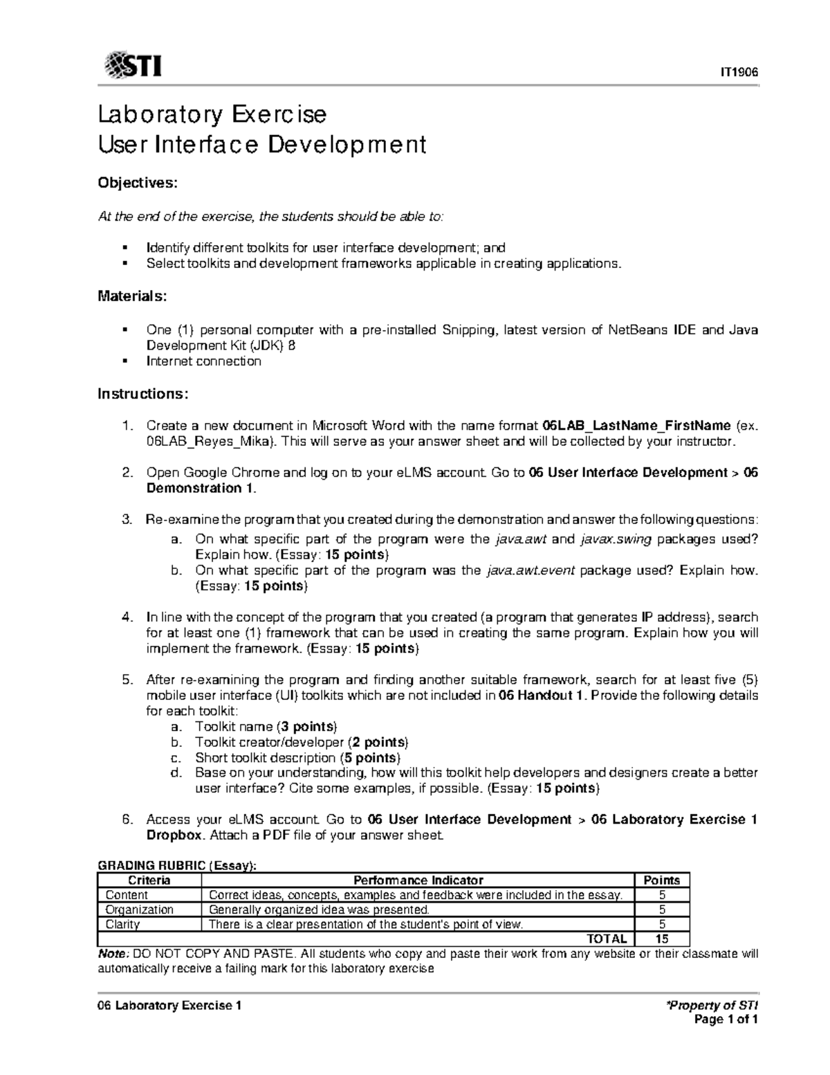 06 Laboratory Exercise 1(3) - IT 06 Laboratory Exercise 1 *Property of STI Page 1 of 1 ...