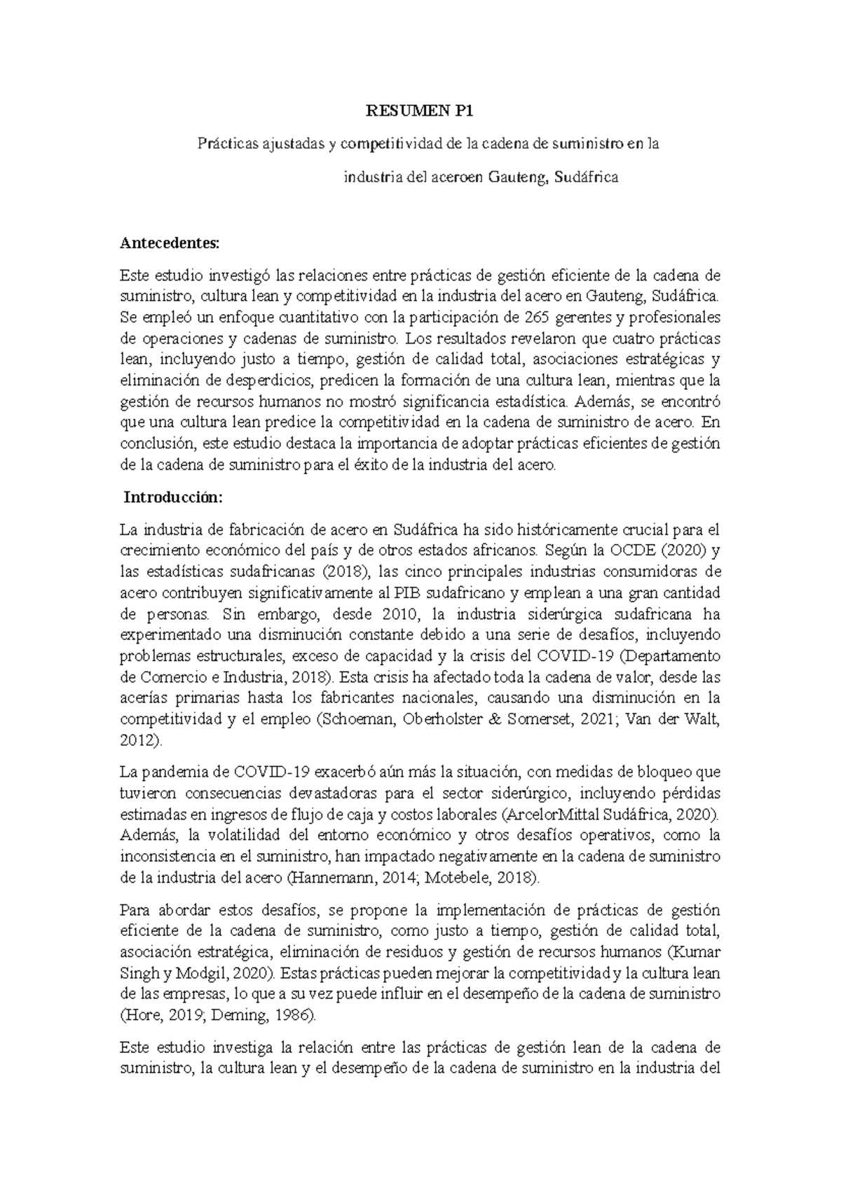 Resumen P1 - RESUMEN P Prácticas ajustadas y competitividad de la cadena de suministro en la ...