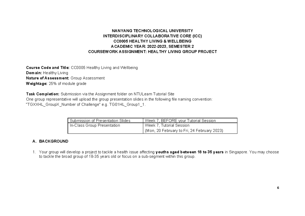 CC0005 Healthy Living Group Assignment Students Handout AY22/23 ...