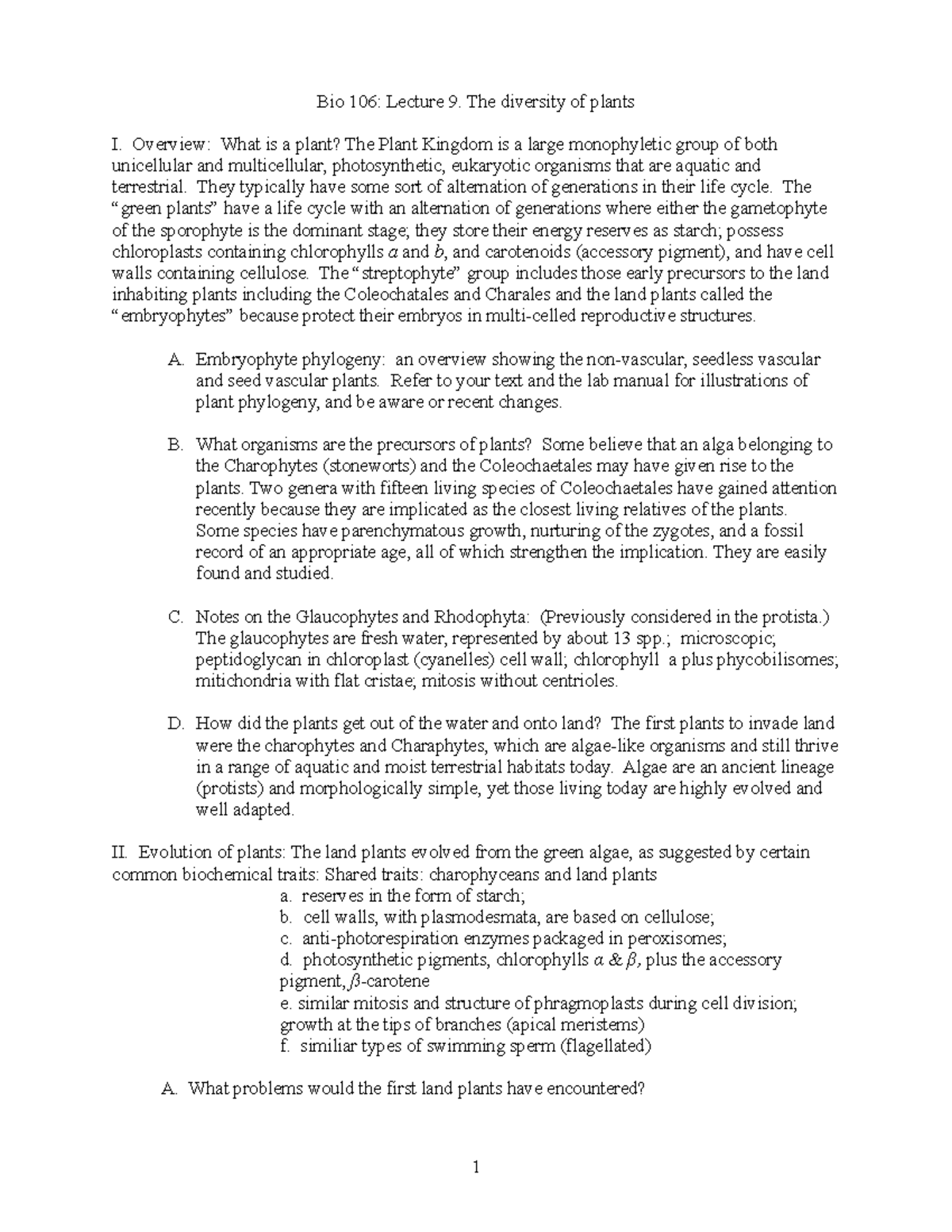 Lecture 09, Outline - notes - Bio 106: Lecture 9. The diversity of ...