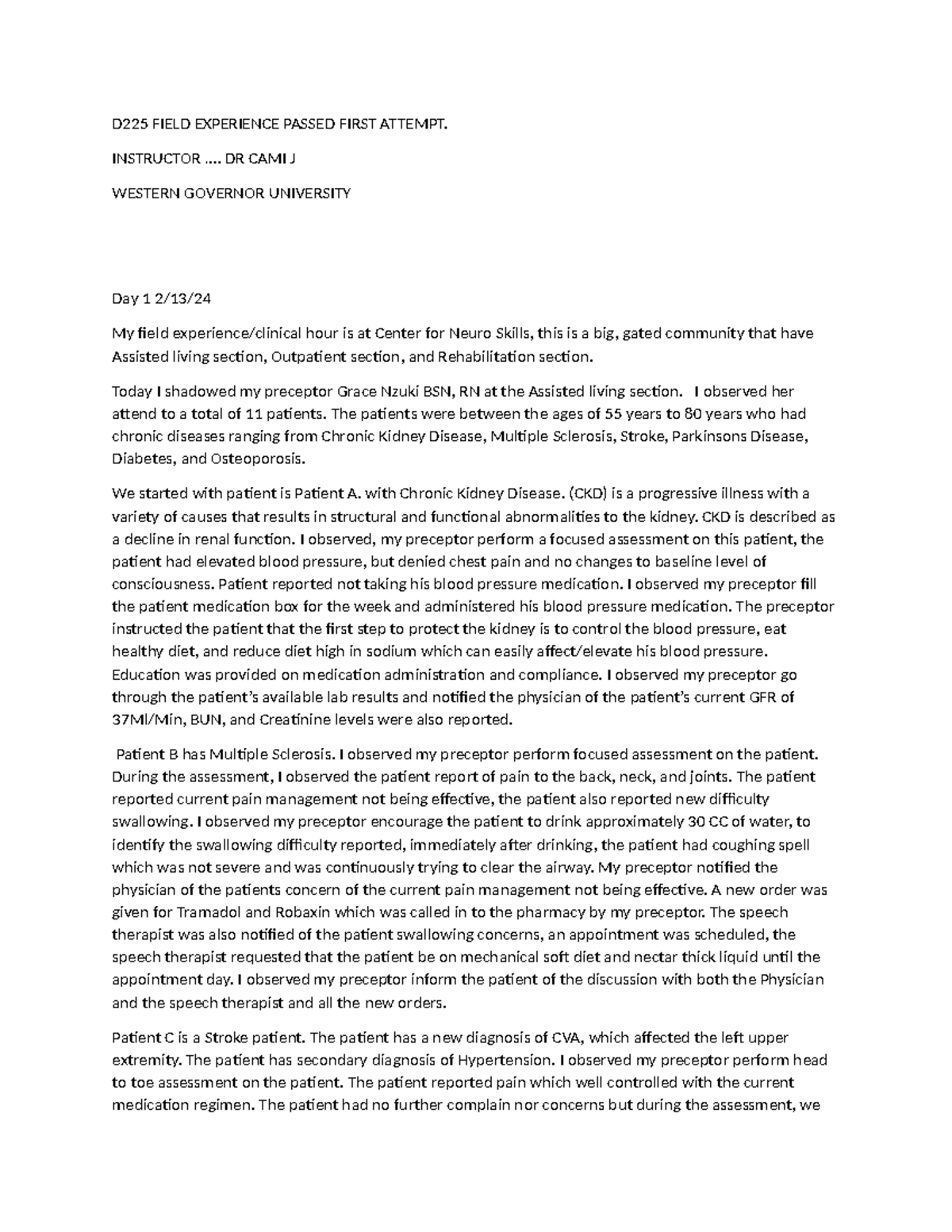 D225 Field Experience NOTE - D225 FIELD EXPERIENCE PASSED FIRST ATTEMPT ...