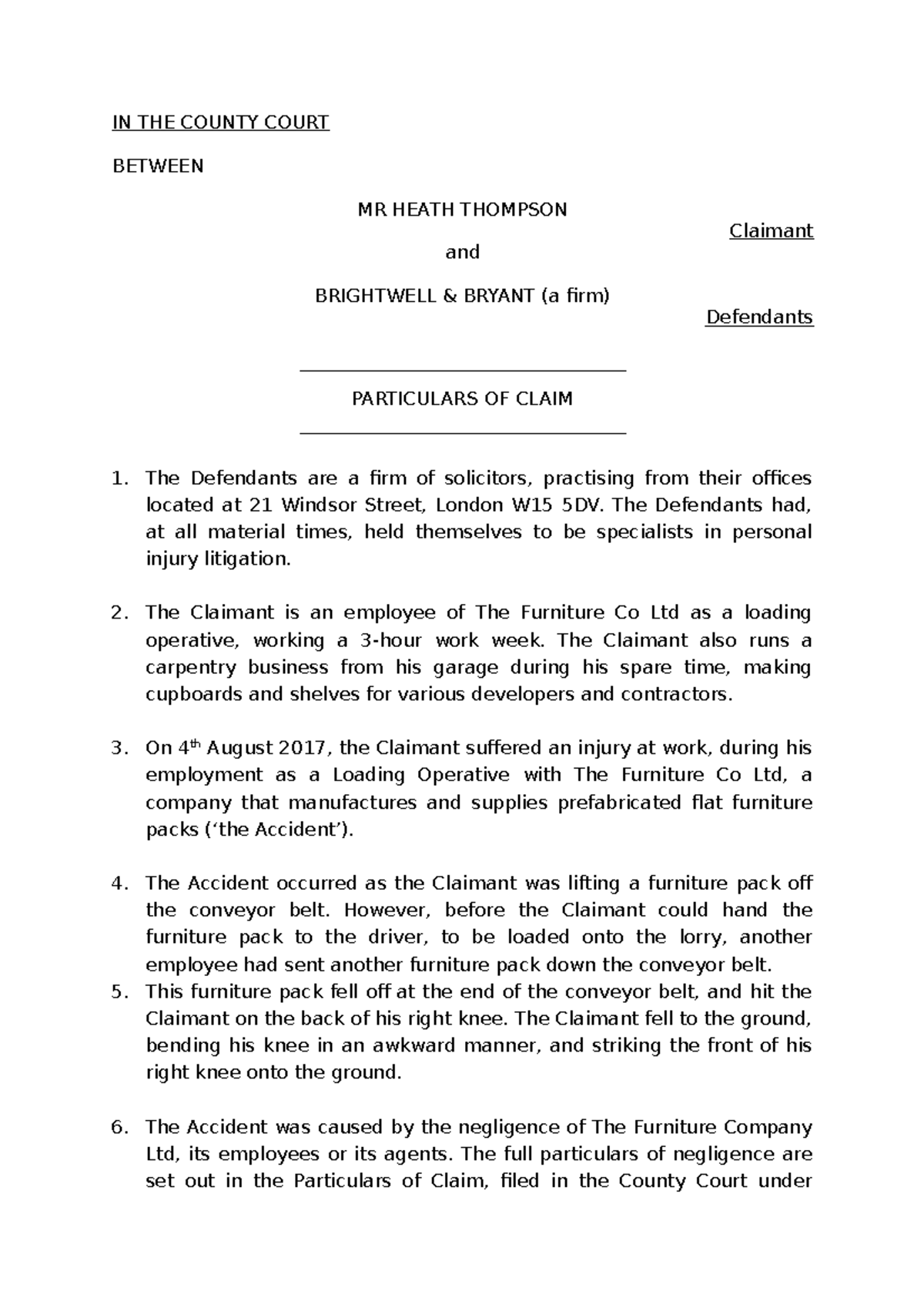 DRFT 4 TT Preparation - Drafting Particulars of Claim for Tutorial 4 ...