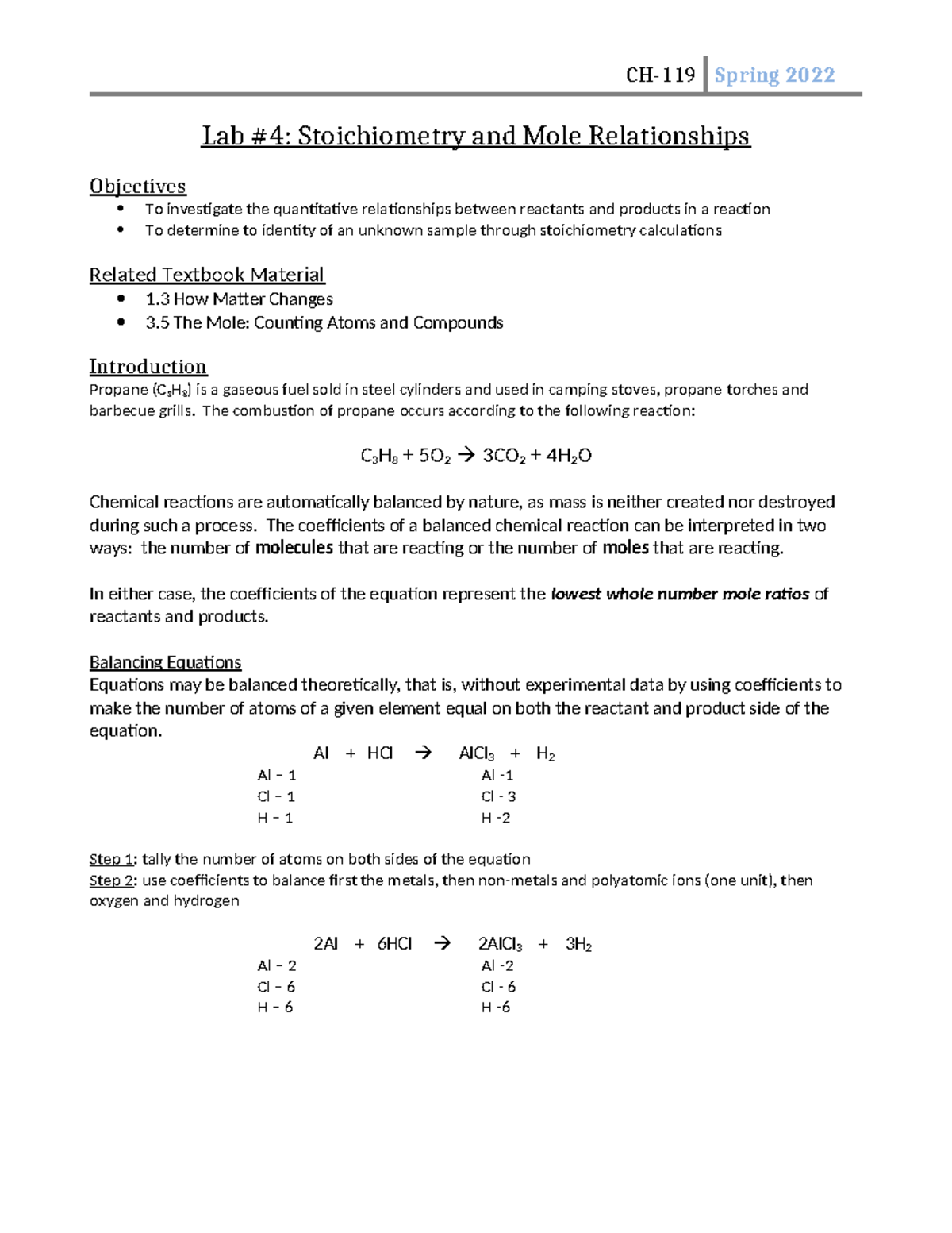 Lab 4-Stoichiometry and Mole Relationships - Lab #4: Stoichiometry and Mole Relationships ...