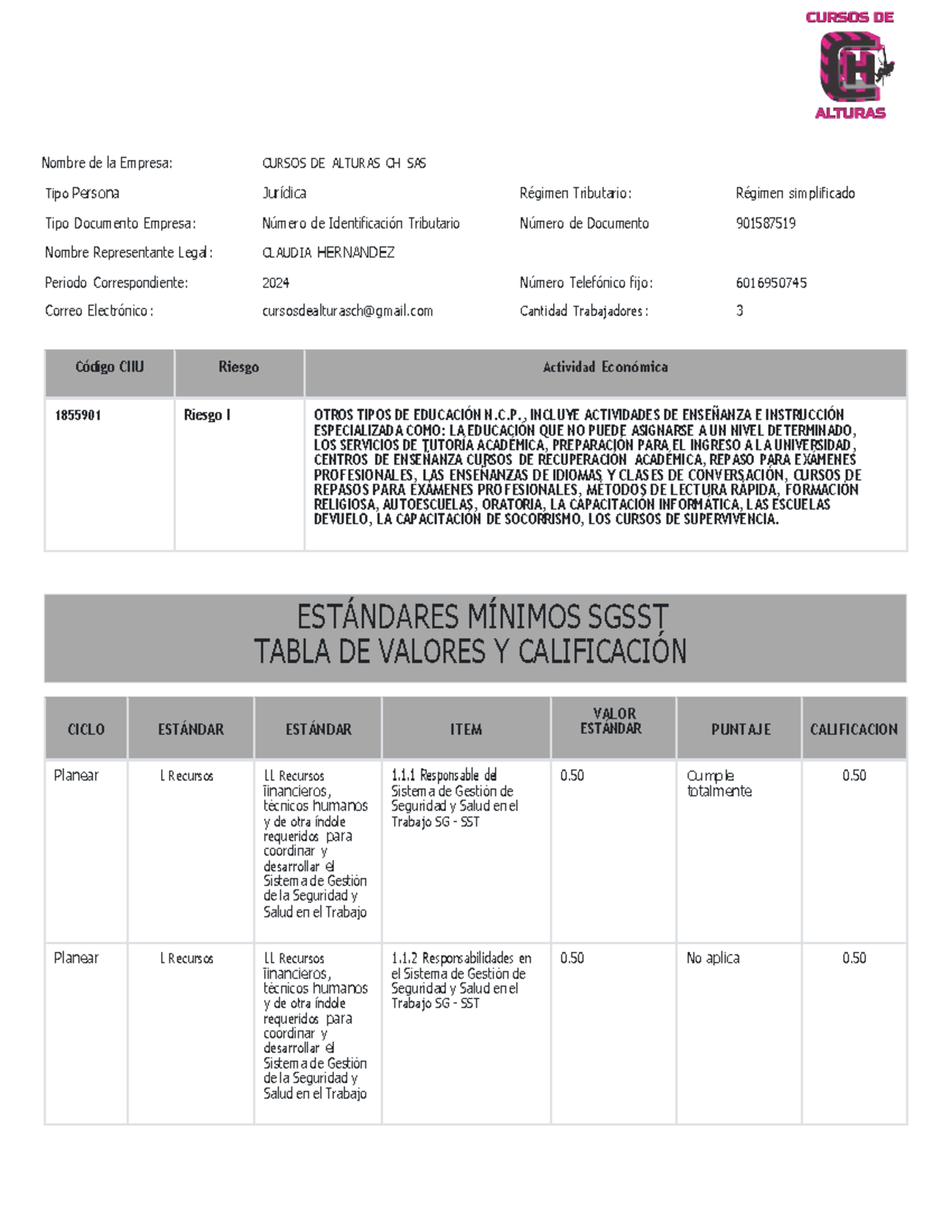 Resultados Calificacion de Estandares Minimos - ESTÁNDARES MÍNIMOS SGSST TABLA DE VALORES Y ...