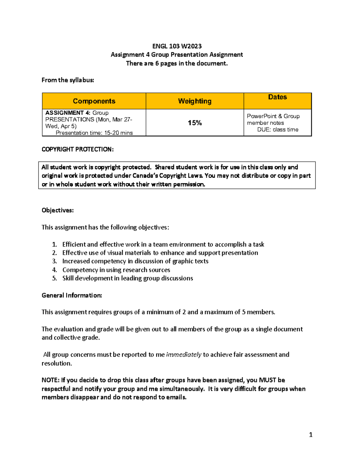 ENGL 103 W2023 Assignment 4 Group Presentation Assignment REV - ENGL ...