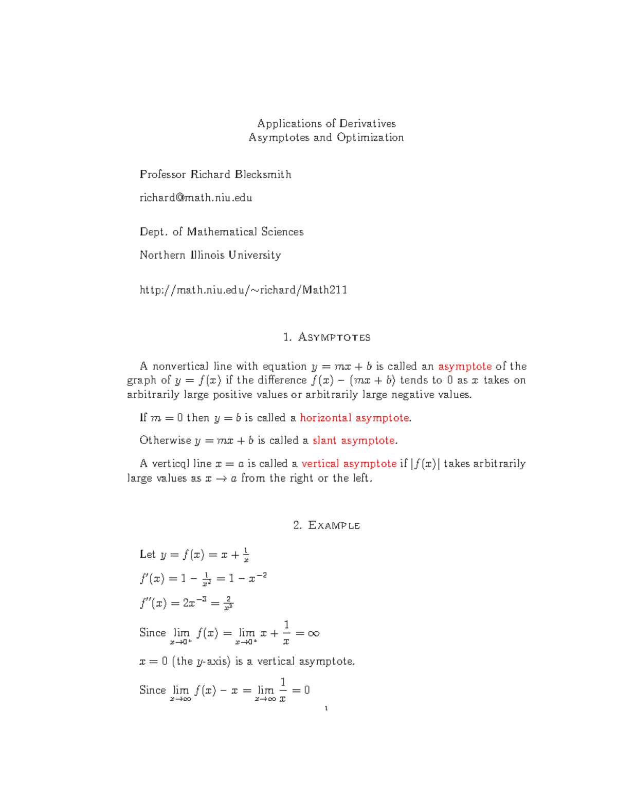 Lecture notes, lecture Asymptotes and Optimization - Applications of ...