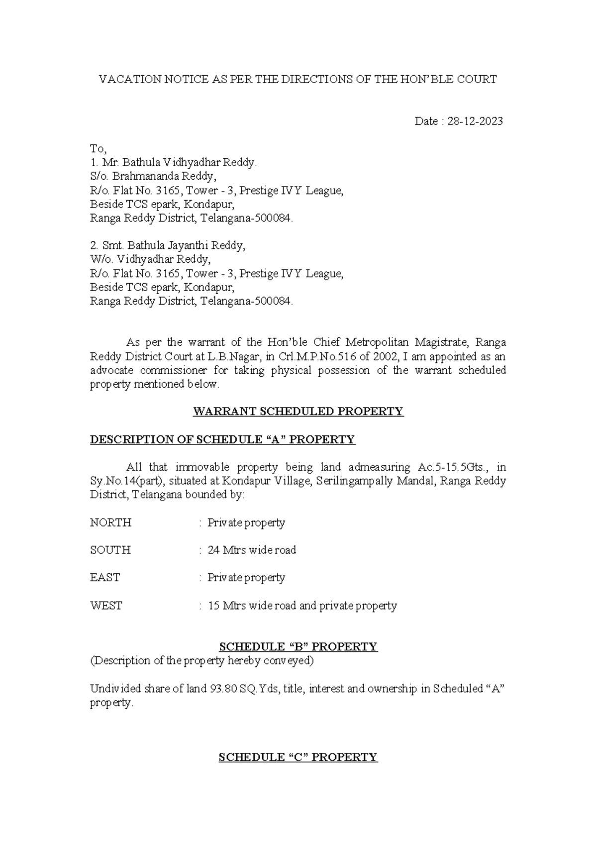 Vacation Notice AS PER THE Directions OF THE HON - VACATION NOTICE AS ...
