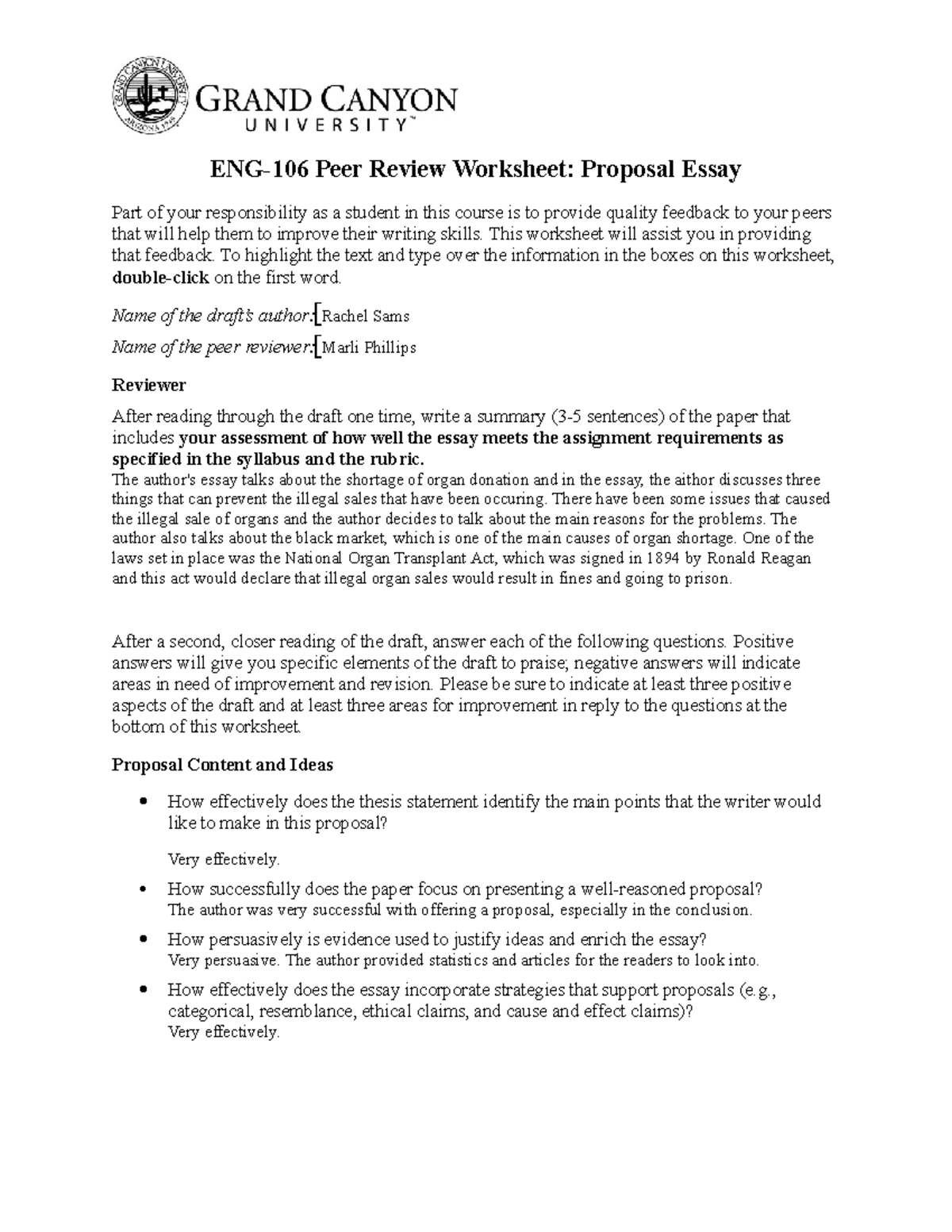 Proposal Peer Review - ENG-106 Peer Review Worksheet: Proposal Essay ...