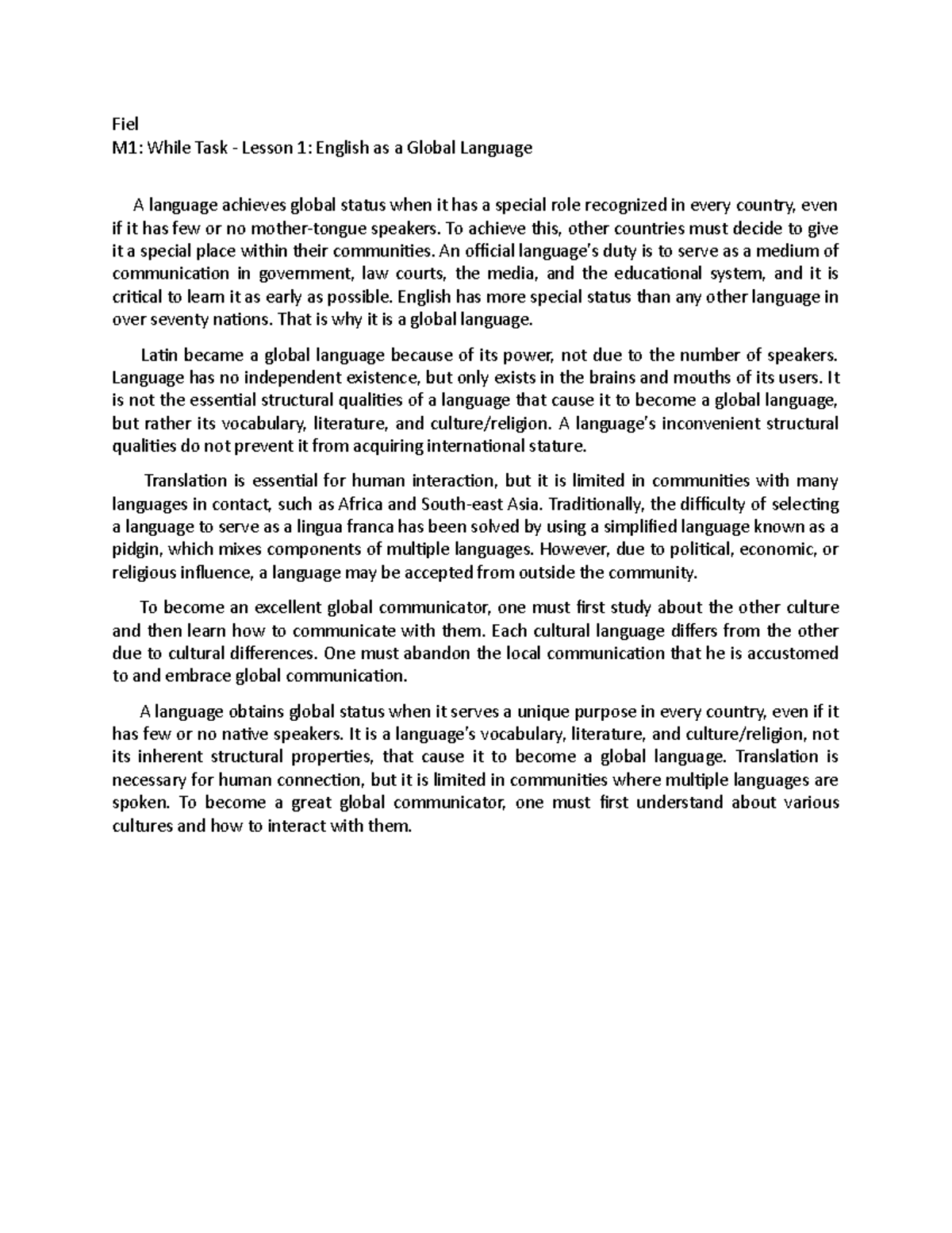 Eng - Walls and Worlds - Fiel M1: While Task - Lesson 1: English as a ...