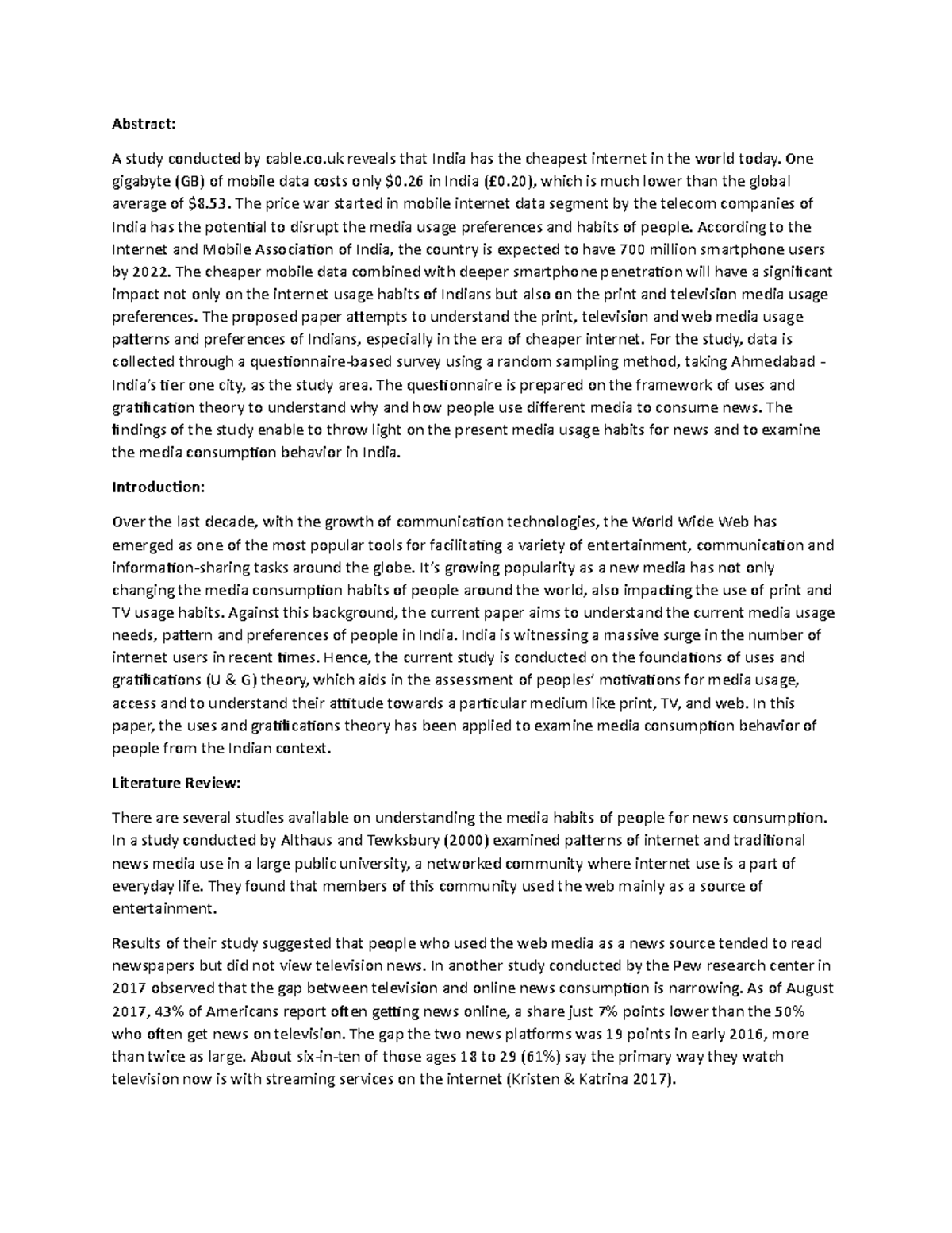 A study on consumer behaviour towards news consumption - Abstract: A ...
